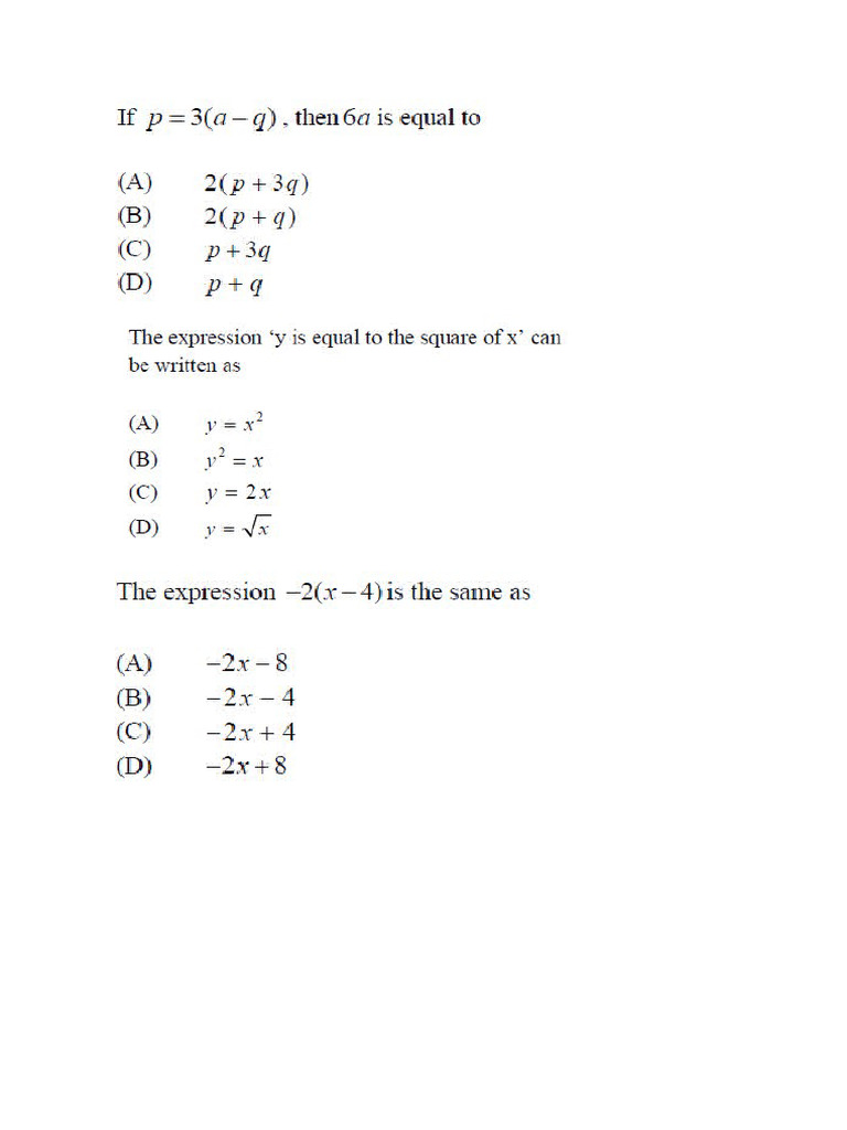 Algebra Multiple Choice Questions | PDF