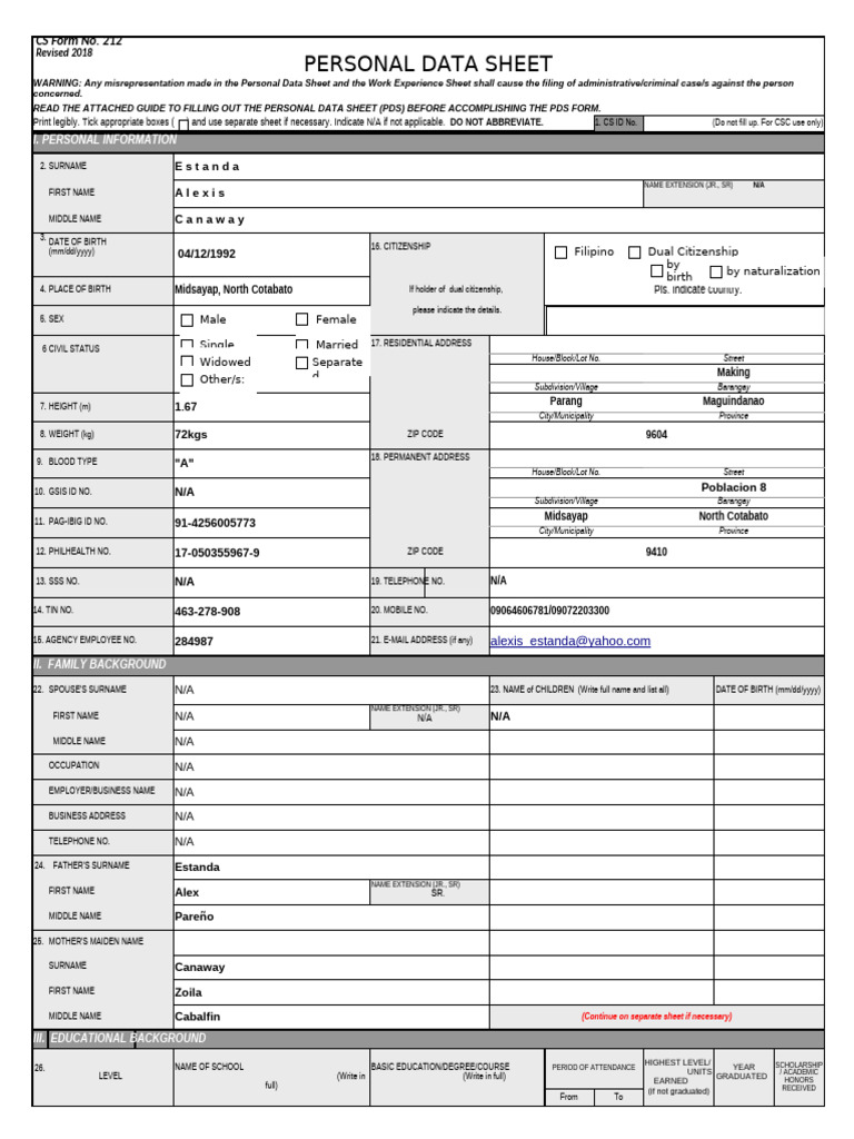 Personal Data Sheet (PDS) Template | PDF | Government | Justice