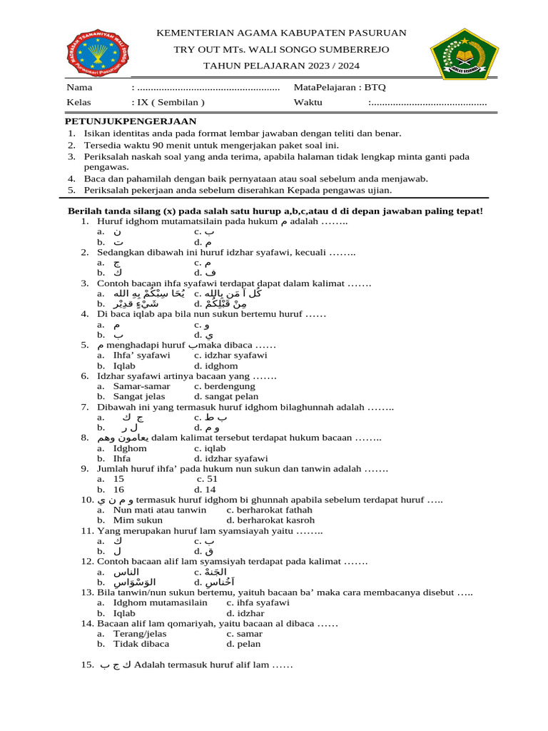 TRY OUT BTQ Kelas 9 | PDF