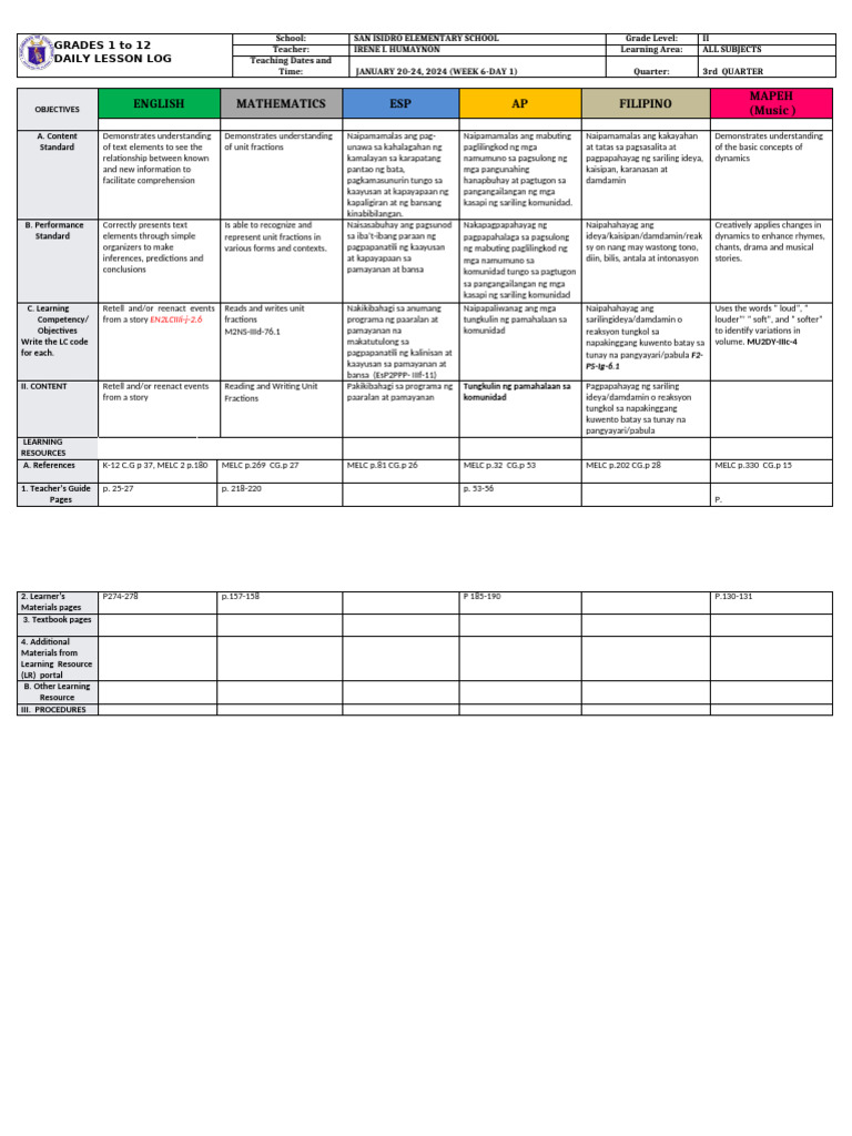 DLL_ALL SUBJECTS 2_Q3_W6 | PDF