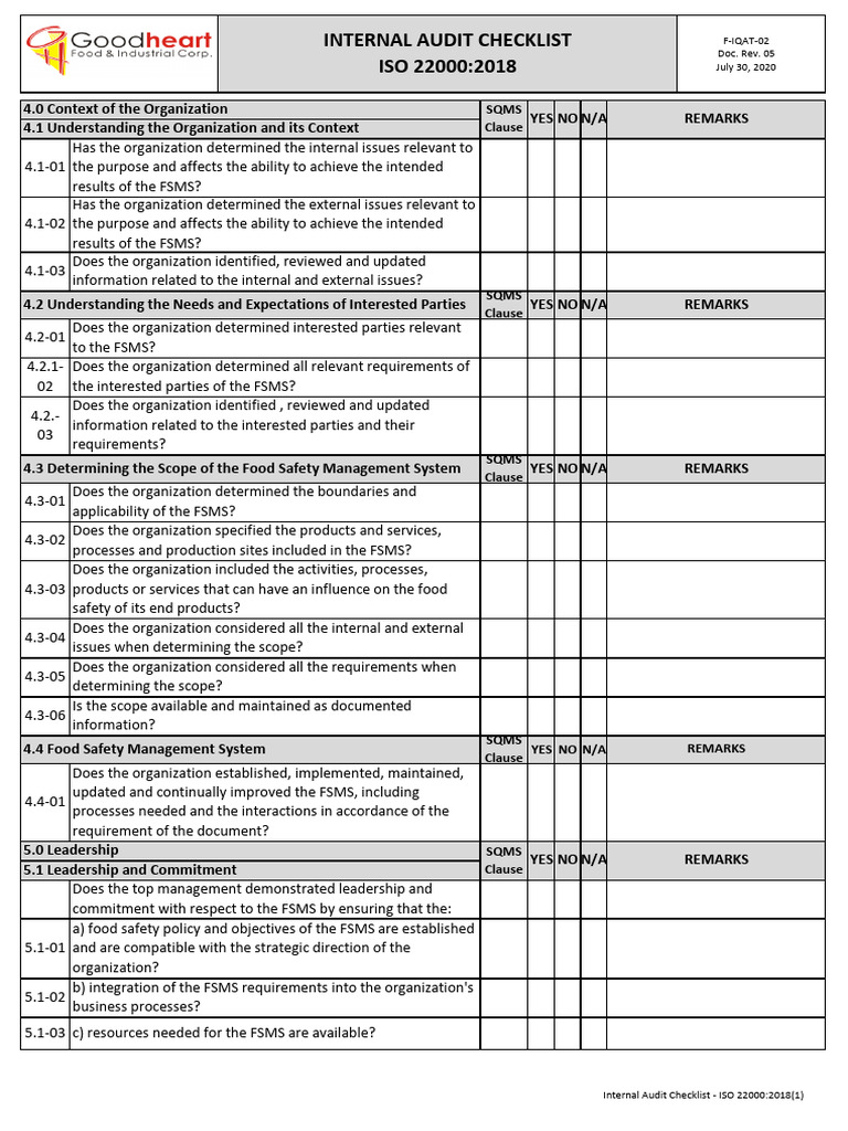ISO 22000-2018 Checklist | PDF | Food Safety | Audit