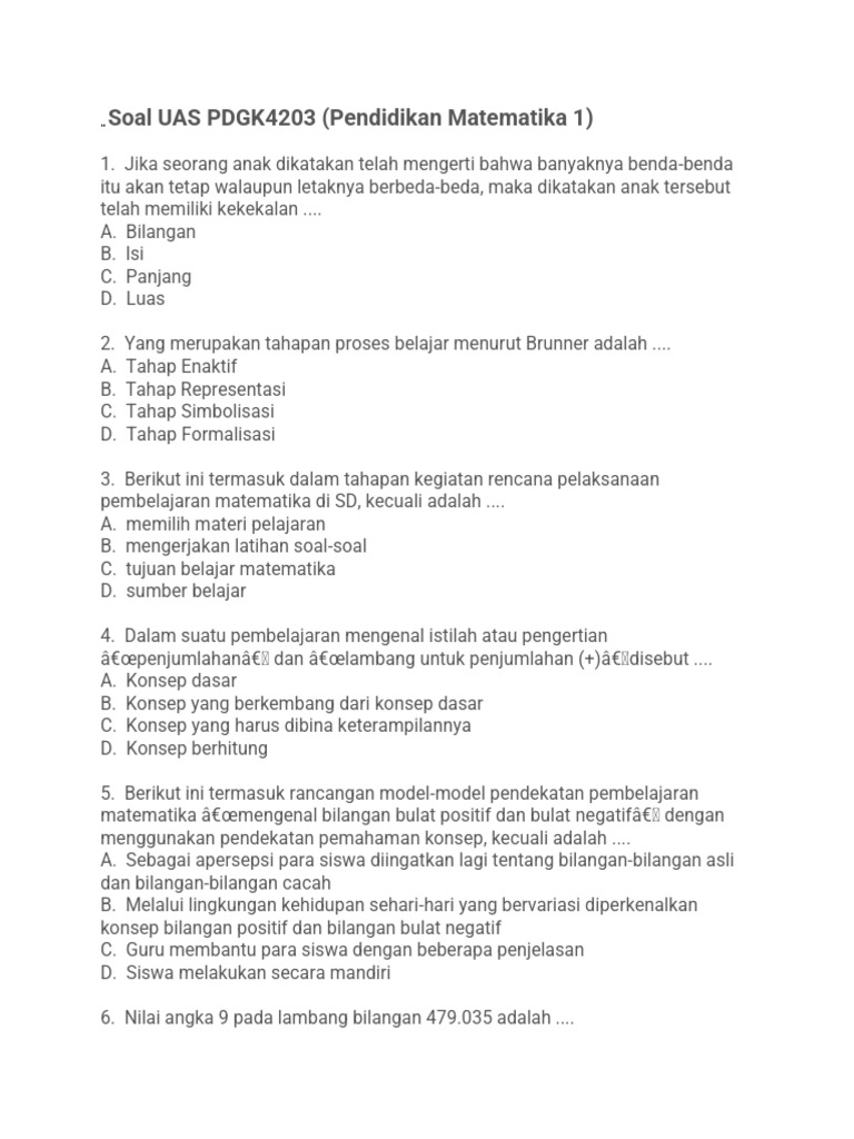 Soal UAS PGSD PDGK4203 Pendidikan Matematika 1 | PDF