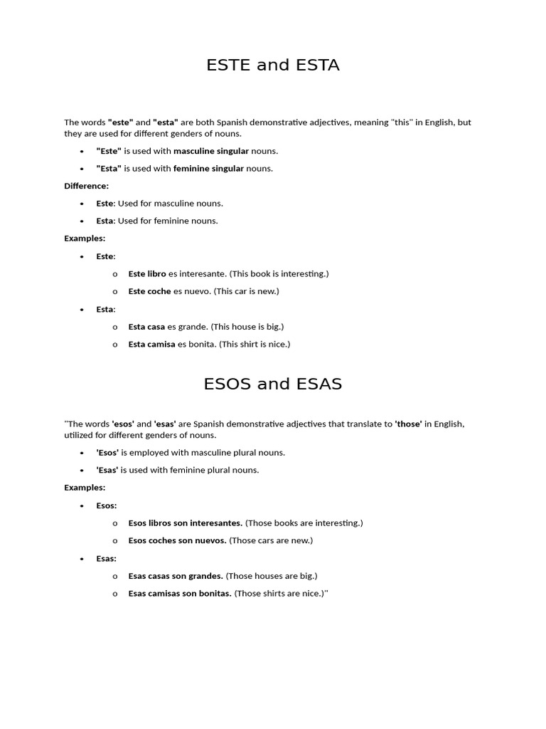 Este and Esta - Esos and Esas - Ese Esa and Eso | PDF | Grammatical ...