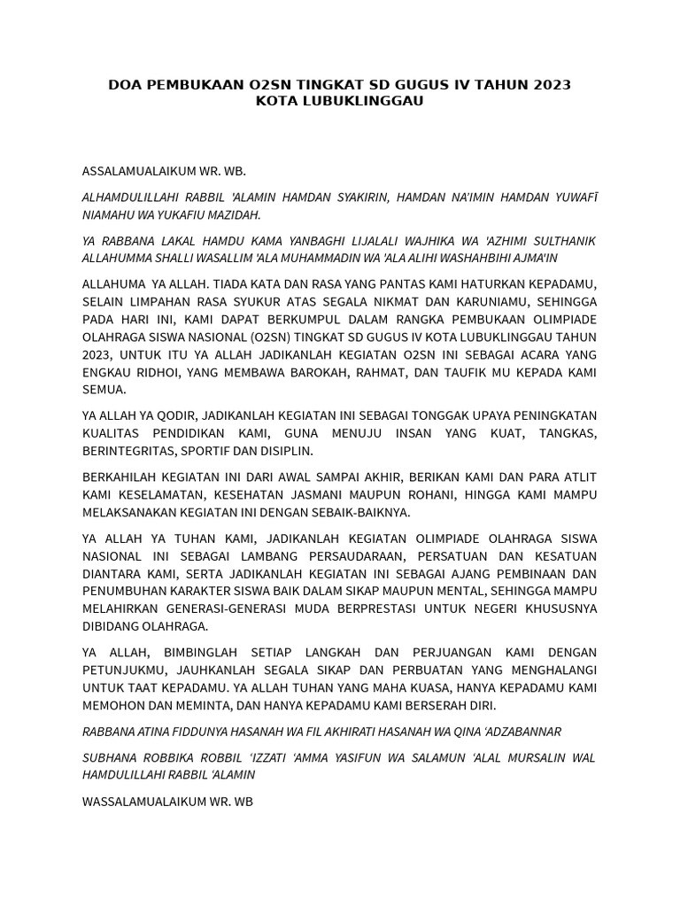 Doa Pembukaan O2sn Tingkat SD Gugus IV Tahun 2023 | PDF