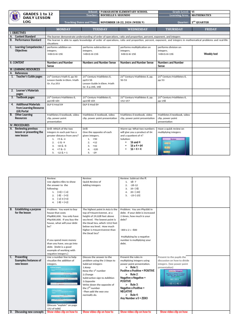 DLL - Mathematics 6 - Q2 - W9 | PDF | Subtraction | Multiplication