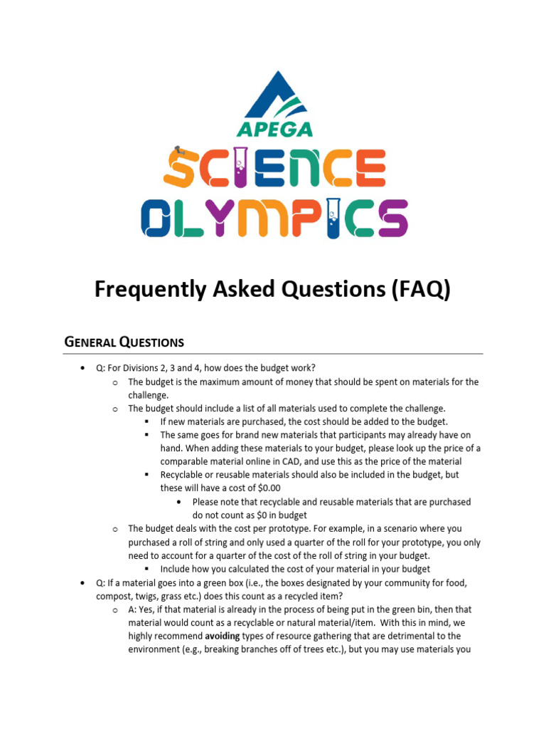 2025 APEGA Science Olympics FAQ | PDF | Recycling | 3 D Printing