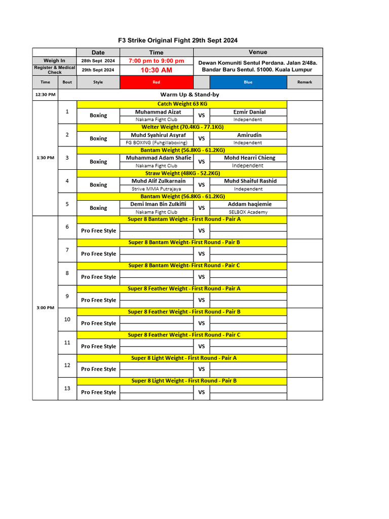 29 Sept 2024 Event - Fight Time 2 | PDF | Weight | Mixed Martial Arts