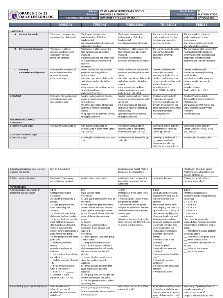 DLL - Mathematics 5 - Q2 - W7 | PDF | Curriculum | Learning
