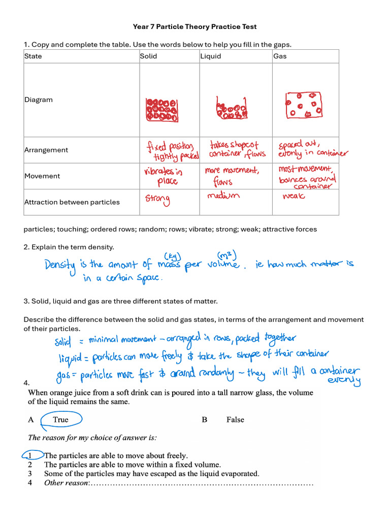 Year 7 Particle Theory Practice Test | PDF | Gases | Liquids