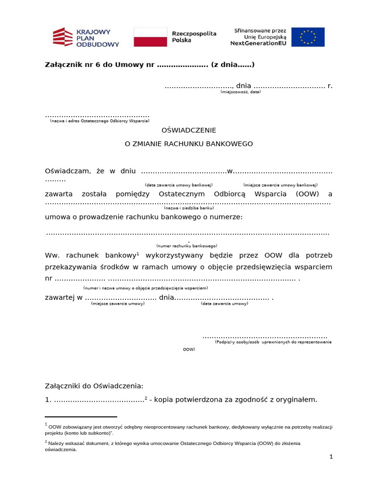 Zał. 6 do Umowy - Wzór ośw. o zmianie rachunku bankowego | PDF