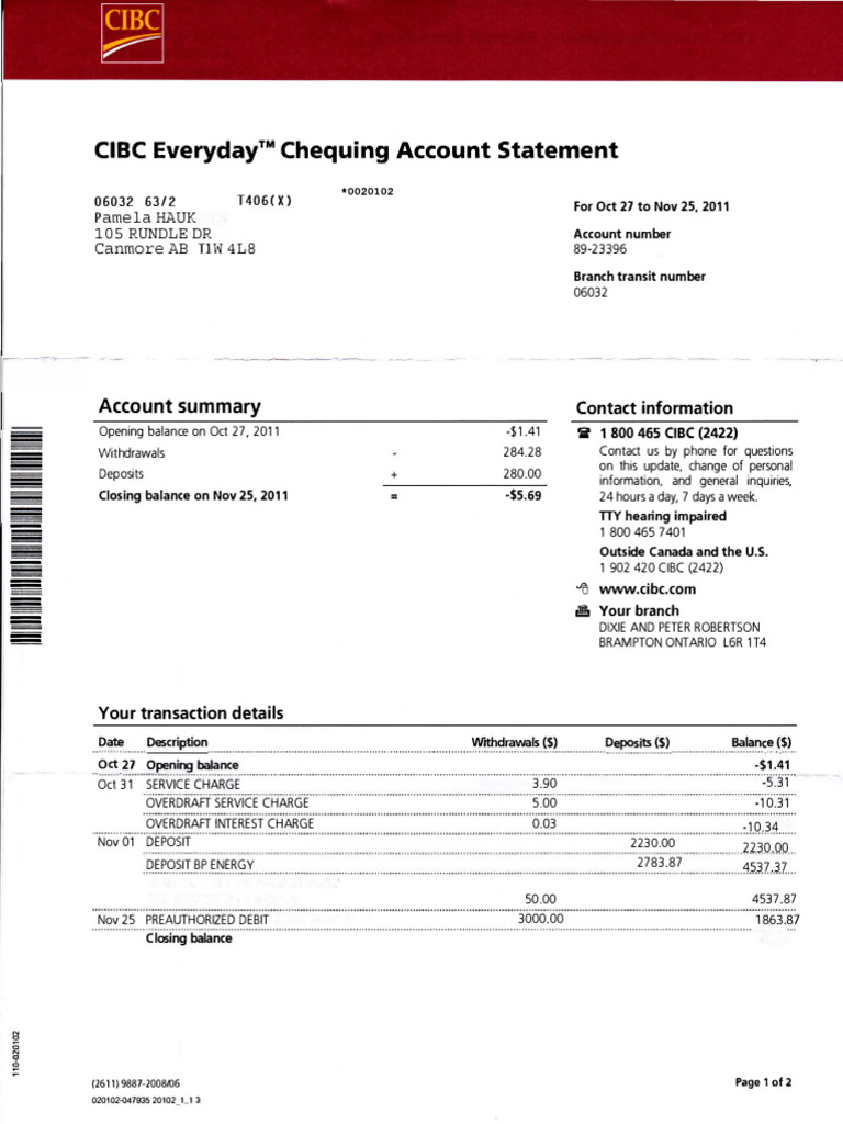 CIBC Bank Statement DOB Aug 18 1966 Driv Lic M21280410665818 | PDF ...