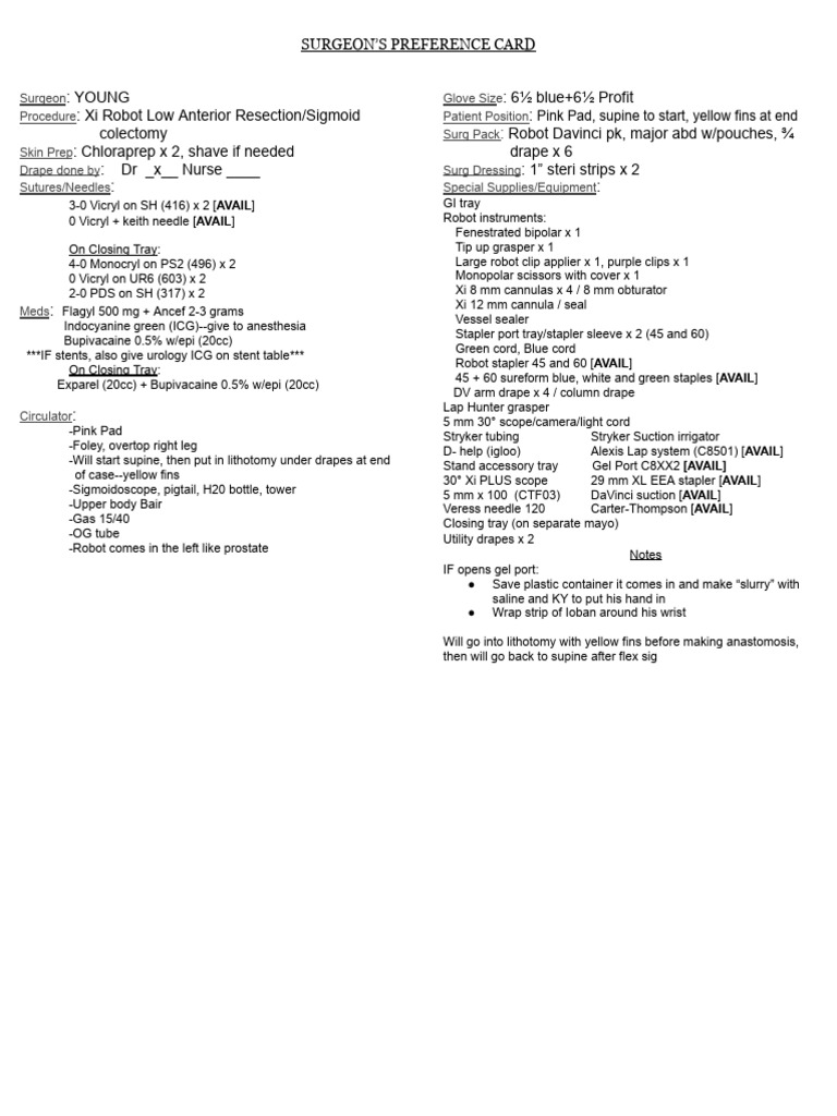 Robot Colectomy Preference Cards | PDF | Surgical Specialties | Medical ...