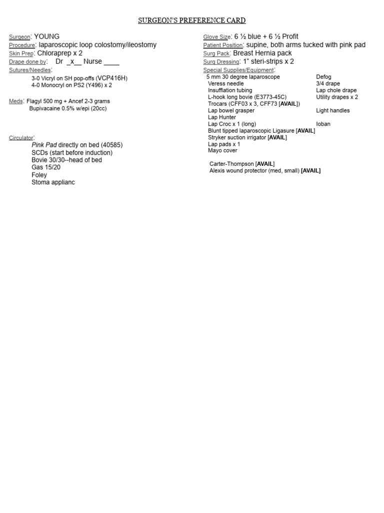 Preference Cards Lap Diversion Colostomy Ileostomy | PDF