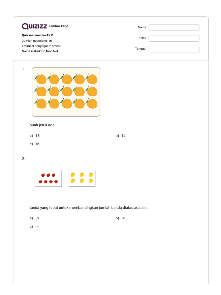 Kuis Matematika untuk TK B | PDF