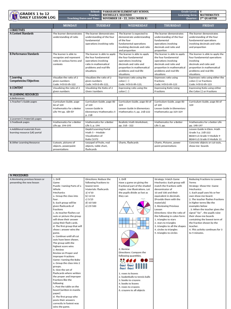 DLL - Mathematics 5 - Q2 - W8 | PDF | Ratio