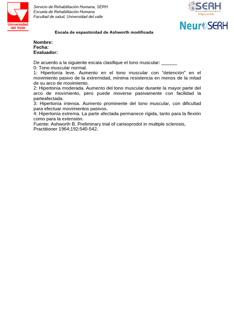 Escala de Espasticidad de Ashworth Modificada | PDF