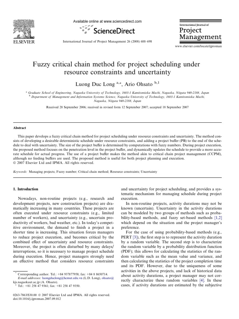 Fuzzy Critical Chain Method For Project Scheduling Under Resource Constraints and Uncertainty ...