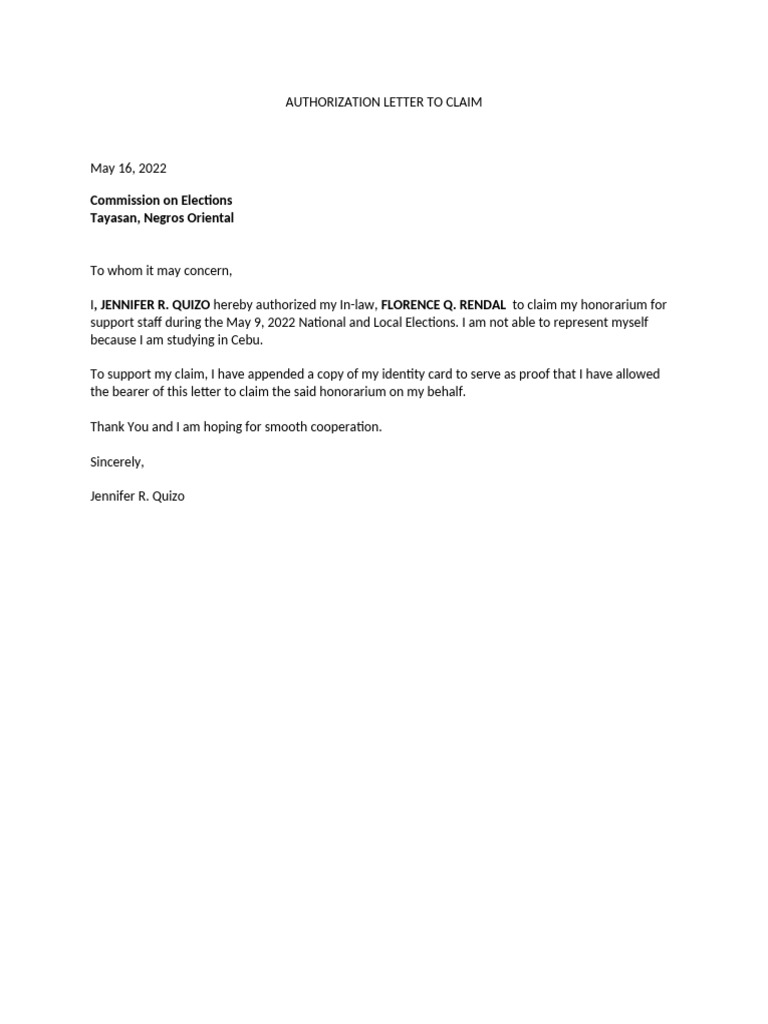 Authorization Letter for Honorarium Claim | PDF
