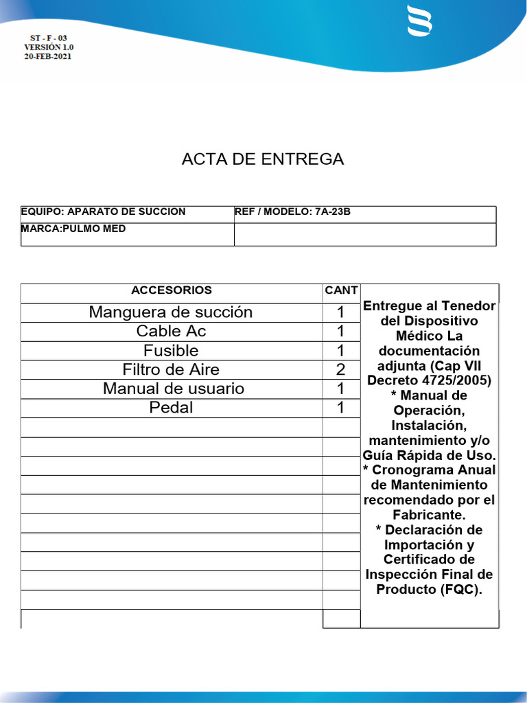 Acta de Entrega Aparato de Succión 7a-23b V.1 | PDF