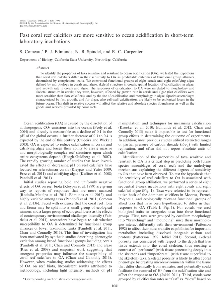 Limnology Oceanography - 2014 - Comeau - Fast Coral Reef Calcifiers Are ...