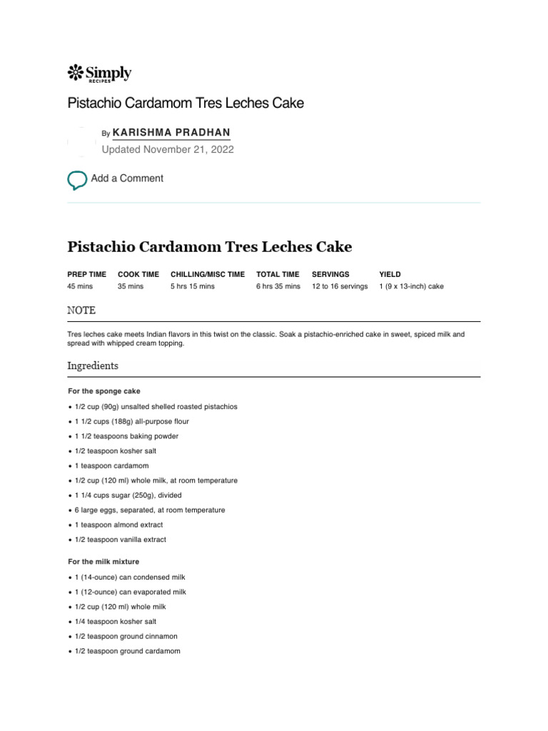 Pistachio Cardamom Tres Leches Cake Recipe | PDF | Cakes | Teaspoon