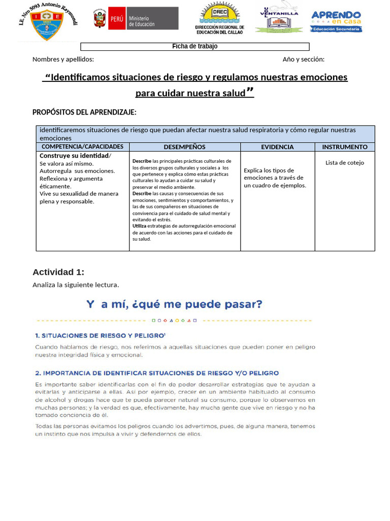 Ficha de Trabajo DPCC | PDF | Las emociones | Autorregulación emocional