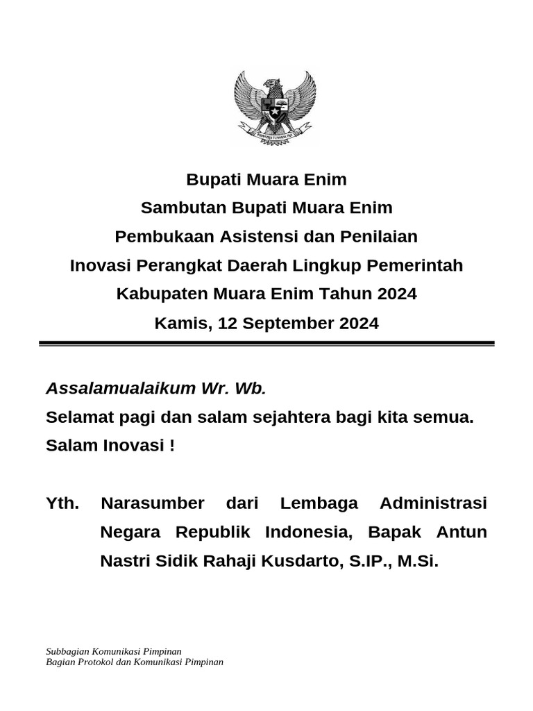 12 Sept 2024 Pembukaan Asistensi Dan Penilaian Usulan Inovasi Perangkat Daerah Lingkup ...