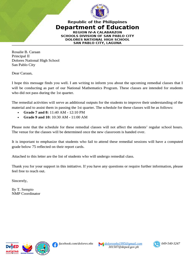 Remedial Class Notification Letter | PDF