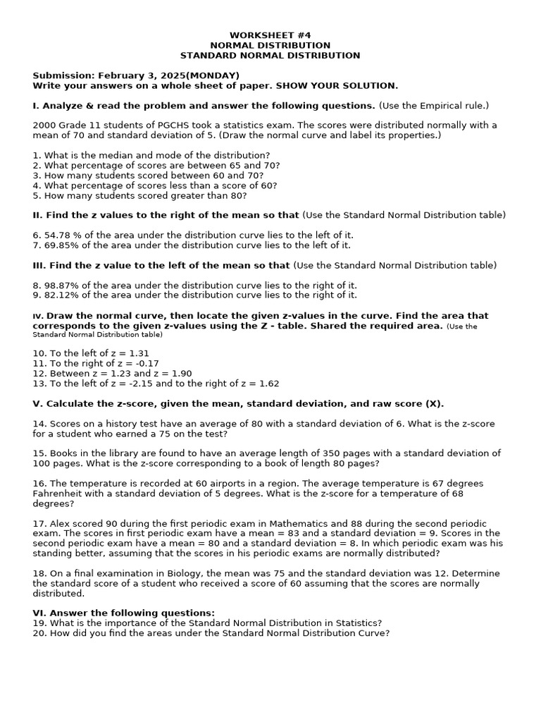 WS4-normal-distributions | PDF | Standard Score | Standard Deviation