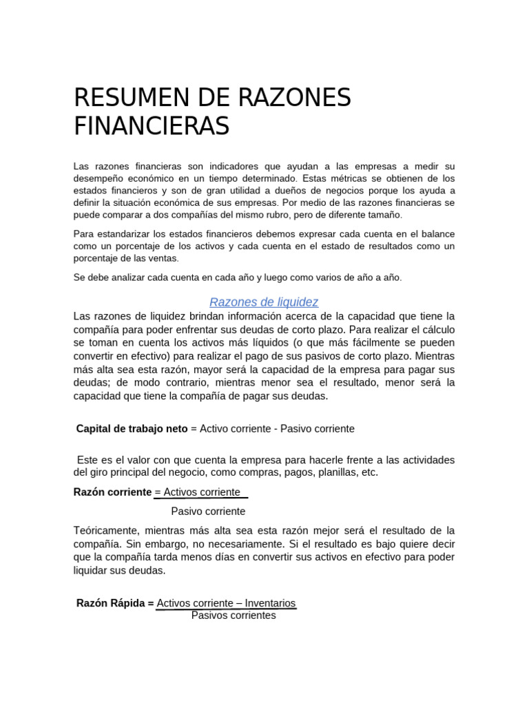 resumen de razones financieras | PDF | Ratio financiero | Compartir (Finanzas)