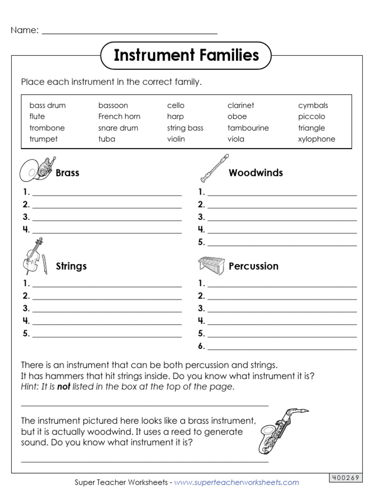 Orchestra Instrument Families Worksheet | PDF | Musical Instruments ...