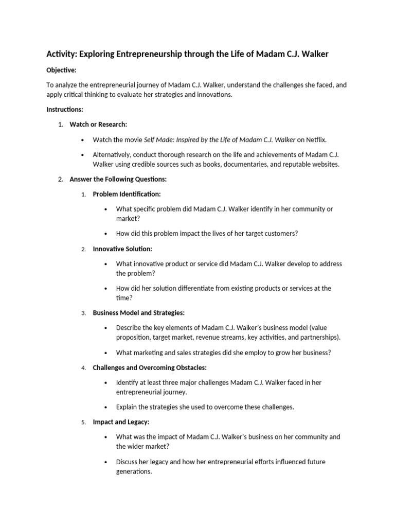 Madam C.J. Walker's Entrepreneurial Journey | PDF | Entrepreneurship ...