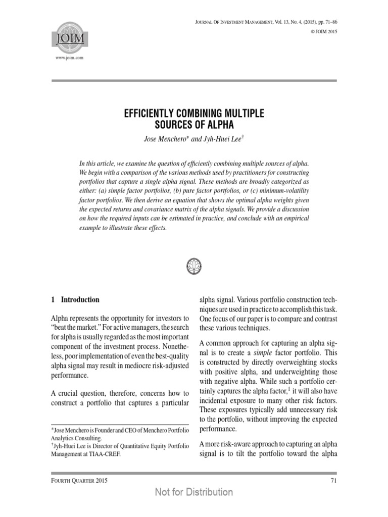 Efficiently Combining Multiple Sources of Alpha: Not For Distribution | PDF | Beta (Finance) | Risk