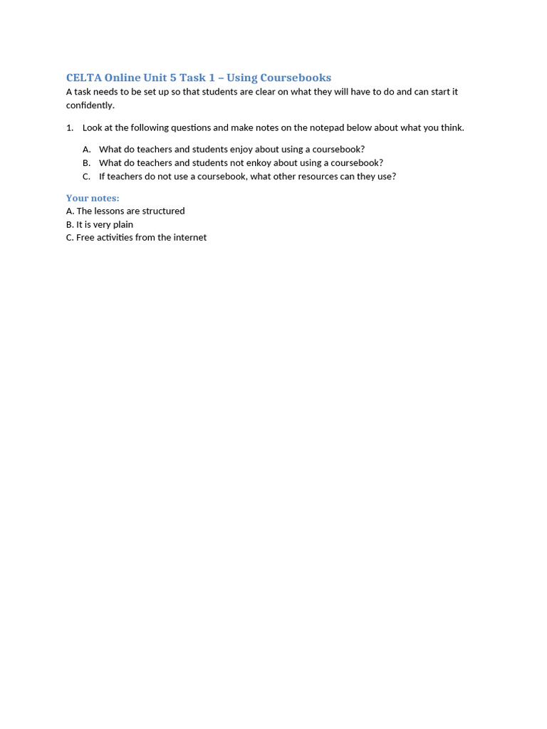 CELTA Online Unit 5 Task 1 - Using Coursebooks | PDF