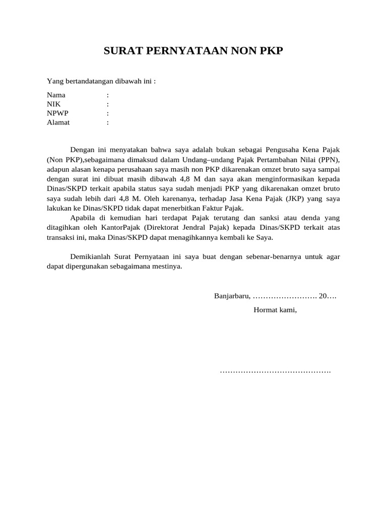Surat Pernyataan Non PKP | PDF