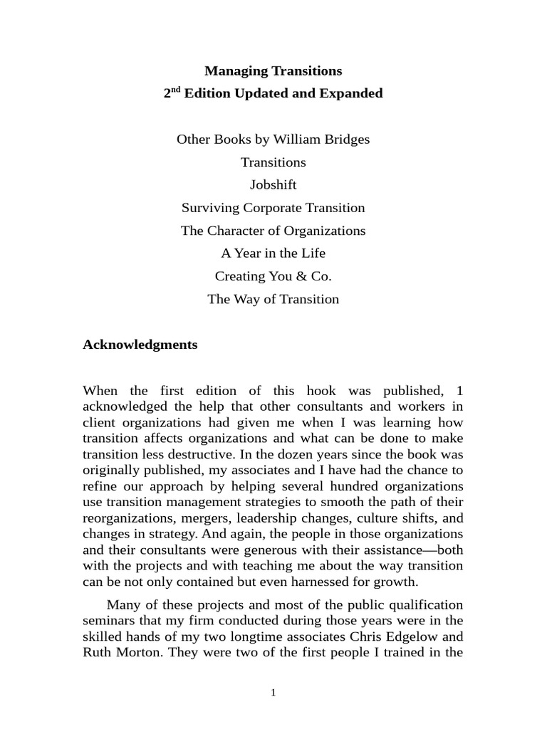 Managing Transitions Making The Most of Change William Bridges | PDF