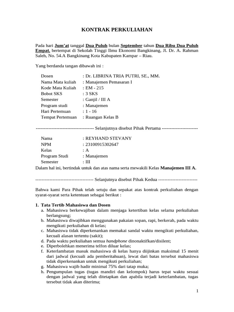 Kontrak Perkuliahan Manajemen Pemasaran I | PDF