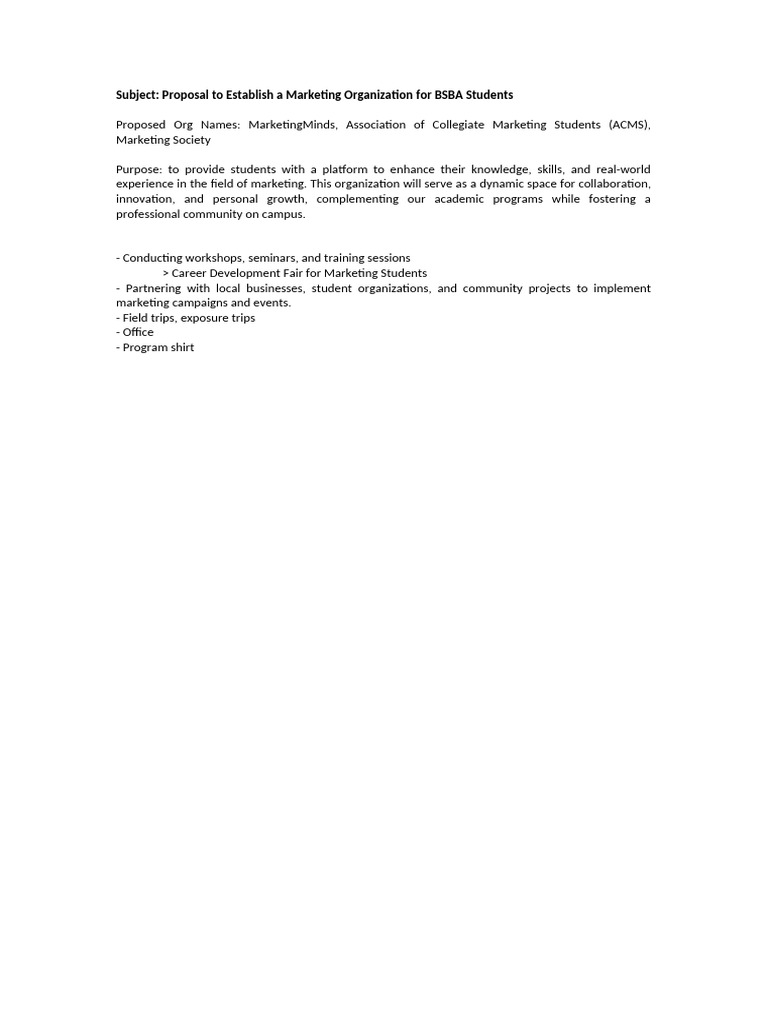 Marketing Organization Proposal for BSBA Students | PDF