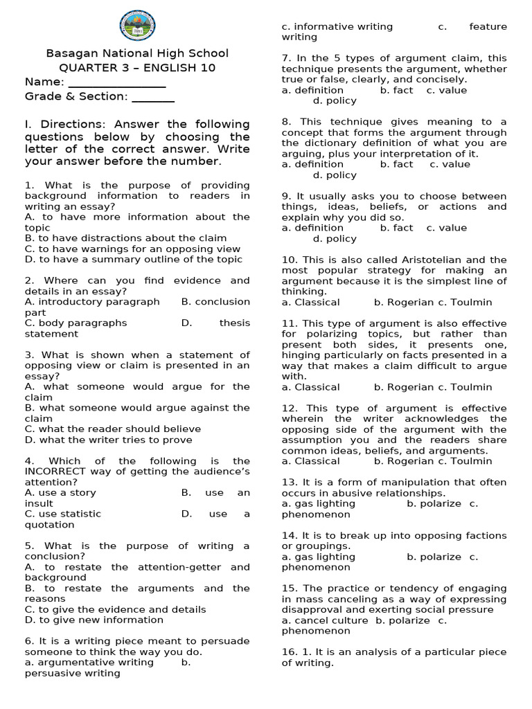 EXAM GRADE 10 Q3 | PDF | Argument | Essays