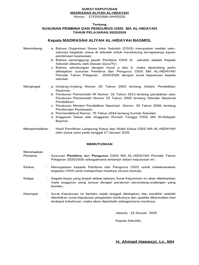 Susunan Pengurus OSIS MA Al-Hidayah 2025 | PDF