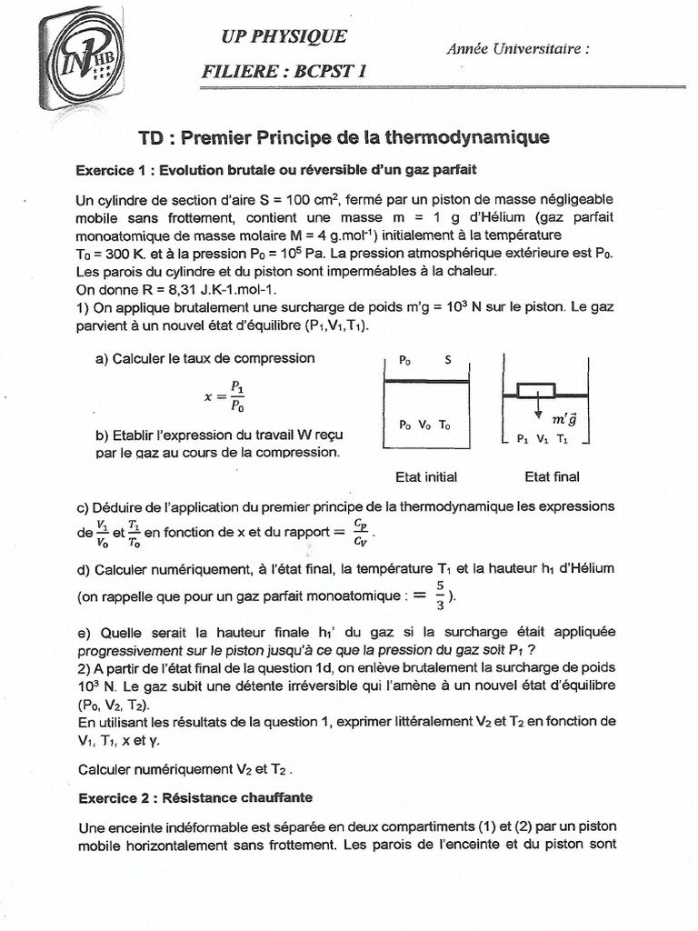 TD 1 Premier Principe de La Thermodynamique | PDF