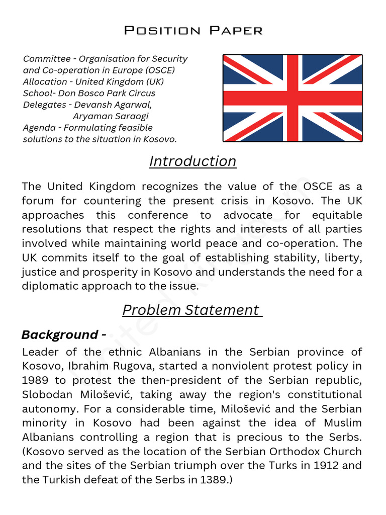 Sample Position Paper BoscoMUN | PDF | Kosovo | Slobodan Milošević