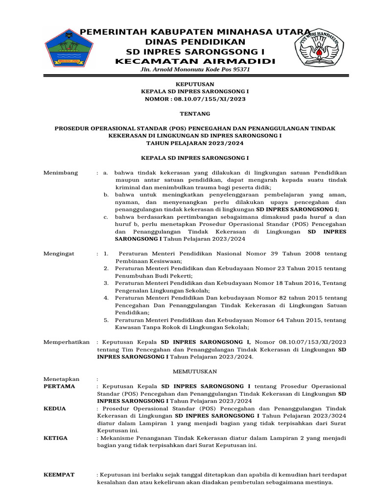 POS Pencegahan Kekerasan SD Sarongsong I | PDF