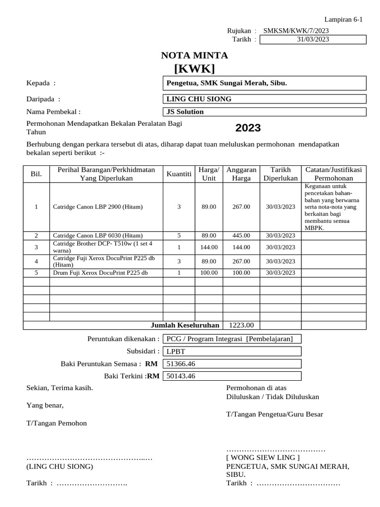 N.Minta KWK.7.2023 - Catridge 2023 | PDF