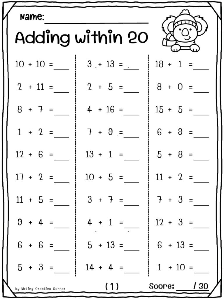 Addition Subtraction Within 20 Winter Math Fact Fluency Practice | PDF ...