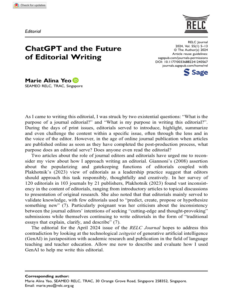 Yeo 2024 Chatgpt and The Future of Editorial Writing | PDF | Second ...