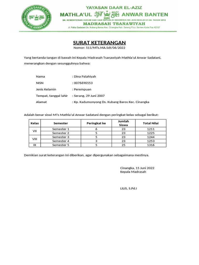 Surat Keterangan Peringkat Kelas | PDF