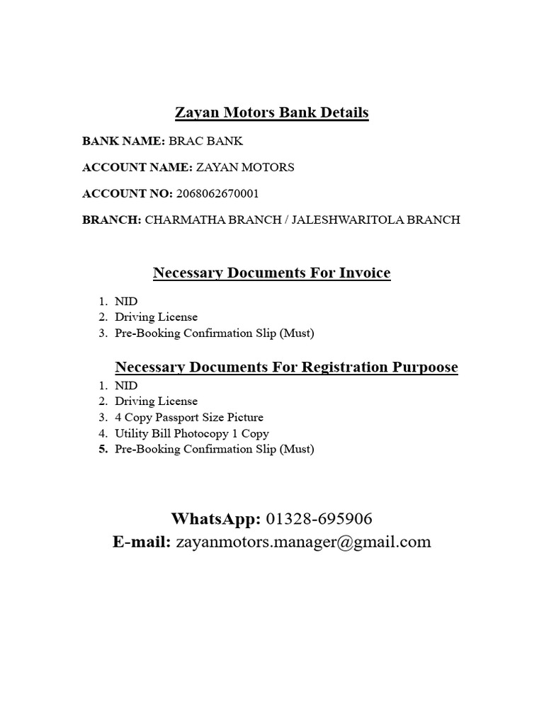 Zayan Motors Bank Details | PDF