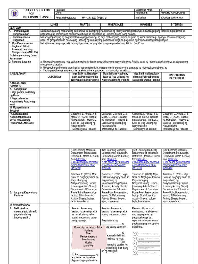 Daily Lesson Log FOR In-Person Classes: I.Layunin | PDF