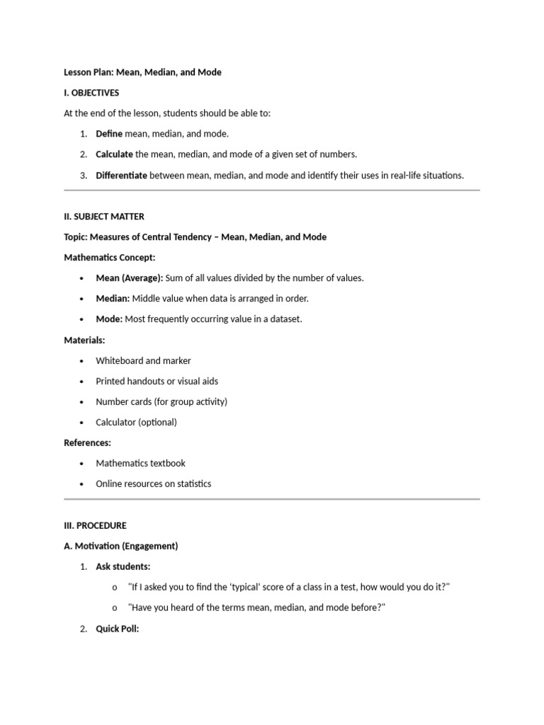 Mean, Median, Mode Lesson Plan | PDF | Mean | Mode (Statistics)